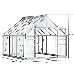 YITAHOME 10x12FT Polycarbonate Greenhouse Large Heavy Duty Green Houses Outdoor Aluminum Greenhouses with Sliding Doors Vent Window Premium Walk-in Greenhouse for Garden Backyard, Matte Sliver