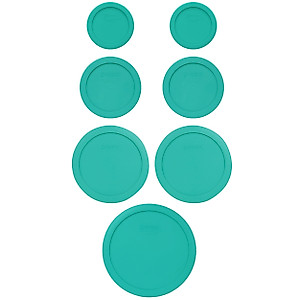 Pyrex Turquoise (2) 7202-PC, (2) 7200-PC, (2) 7201-PC, & (1) 7402-PC Round Plastic Food Storage Replacement Lids, Made in USA