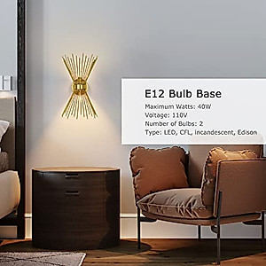 Henveton Brass Mid Century Wall Sconce Sunburst 2-Light, Modern Gold Vanity Light Wall Mount Lamp Industiral Indoor Lighting Fixture for Bathroom, Makeup Vanity, Bedroom, Living Room, Pack of 1