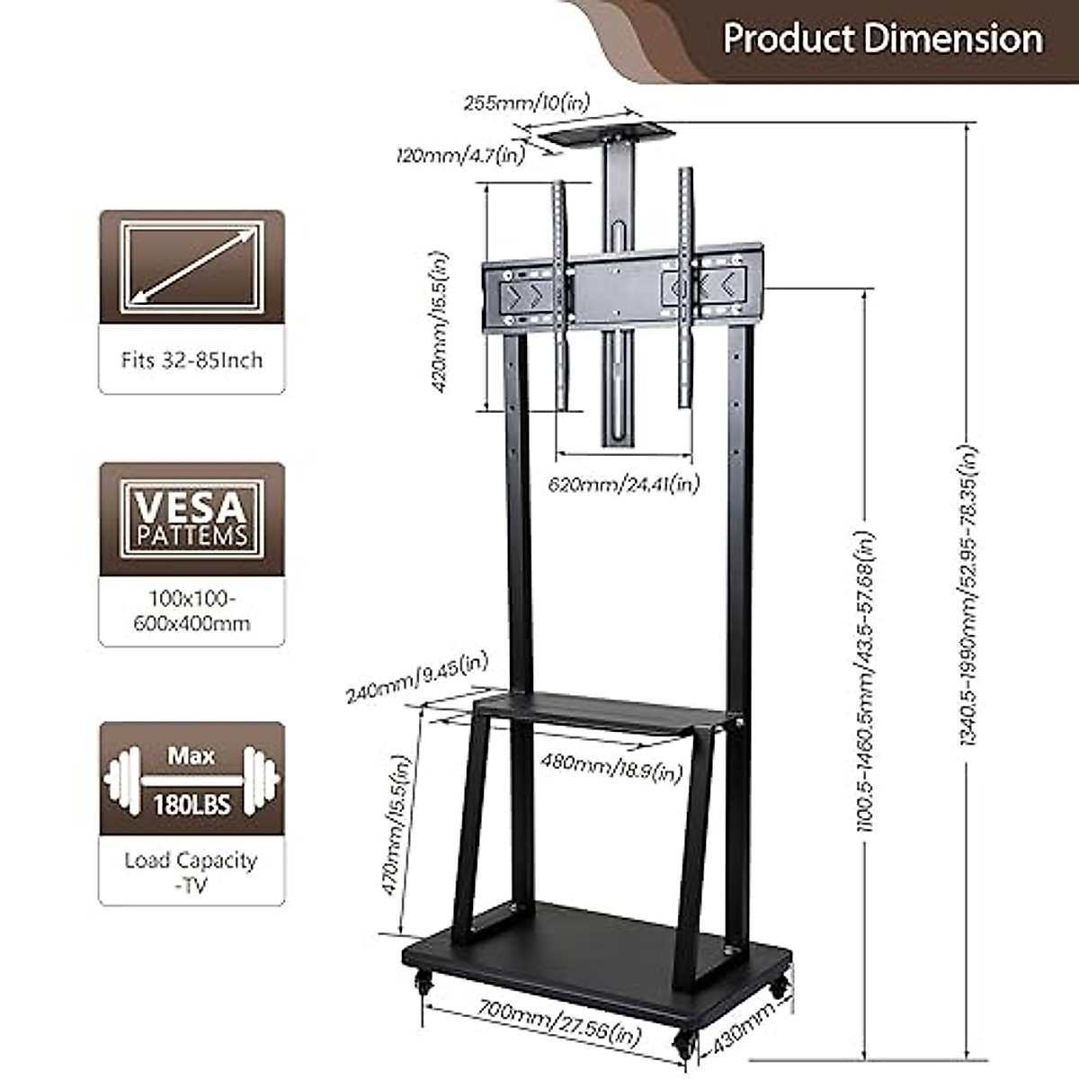 Mobile TV Stand for 32-85inch Flat Curved Screen TV Cart,with Media Shelf Tray,Height Adjustable Heavy Floor TV Stand,Portable TV Stand with Wheels Holds Up to 180lbs,Max VESA 600 * 400mm
