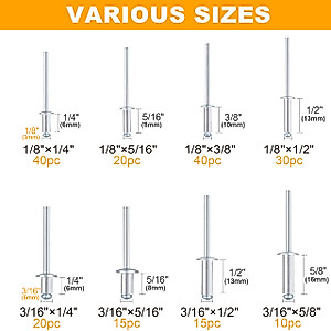 KURUI Pop Rivets Assortment Kit, 190PCs Aluminum Rivets Set in 8 Sizes 1/8*1/4", 1/8*5/16", 1/8*3/8", 1/8*1/2", 3/16*1/4", 3/16*5/16", 3/16*1/2", 3/16*5/8", Blind Rivets for Metal with Organizer