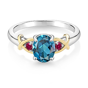 Gem Stone King 925 Sterling Silver and 10K Yellow Gold London Blue Topaz and Red Created Ruby Women Ring)1.60 Cttw, Gemstone Birthstone, Available In Size 5, 6, 7, 8, 9)
