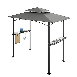 8x5 Ft Grill Gazebo, Double Tiered Outdoor BBQ Gazebo w/Hook & Bar, Bottle Opener, Barbecue Grill Gazebo Shelter for Patio, Garden, Beach, Backyard (Gray + Iron)
