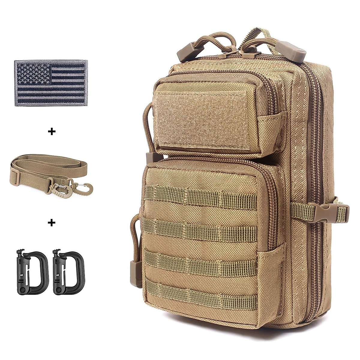 Tactical Molle Pouch Compact EDC Tool Pouch Bag Mini Utility Pouch with US Flag Patch, Shoulder Strap & Two D-Rings (Tan)