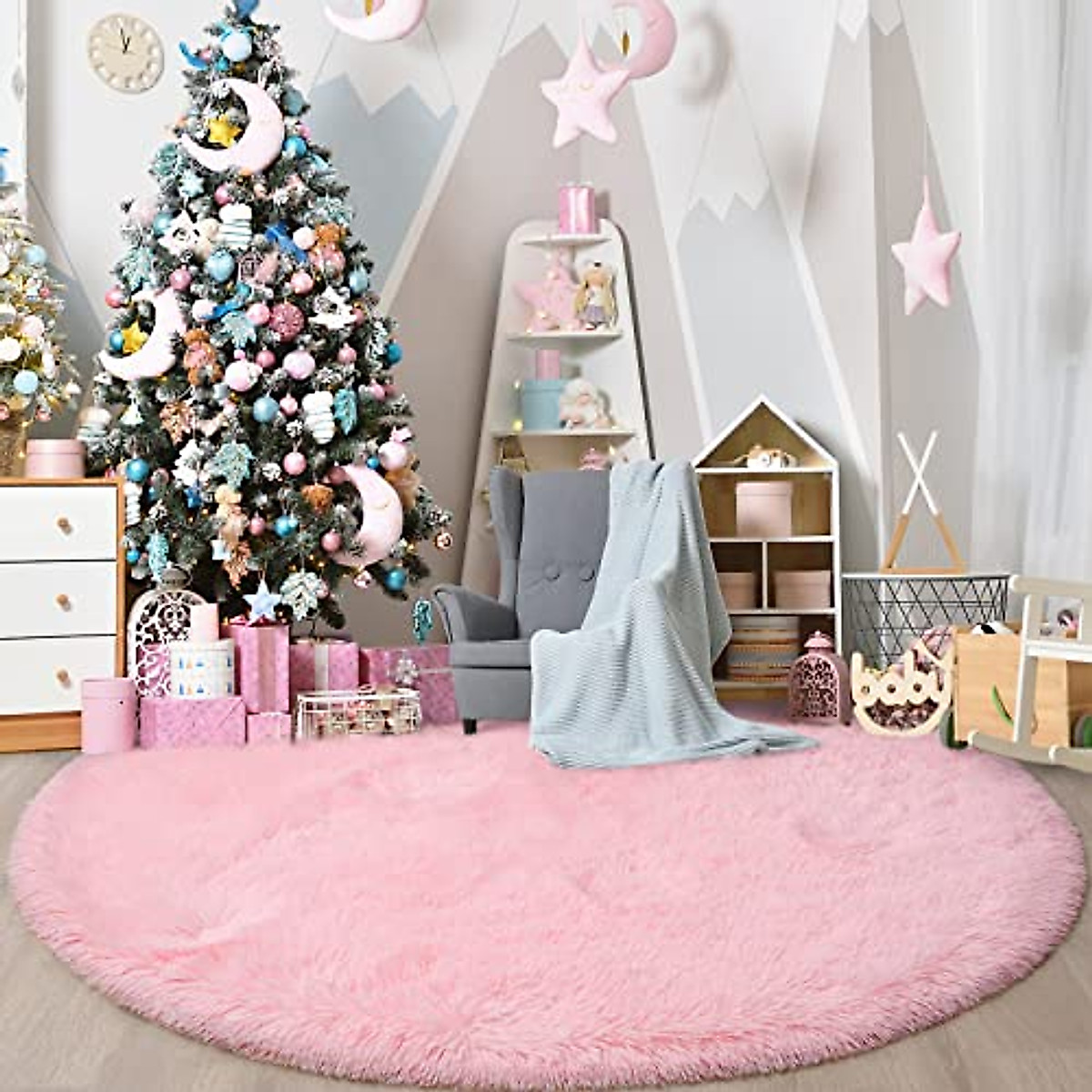 Gifeas Pink Round Rug for Girls Bedroom, Fluffy Circle 4'X4' , Kids, Shaggy Circular Rug for Baby Nursery Dorm, Upgrade Fuzzy Plush Rug for Living room, Cute Room Decor for Teens