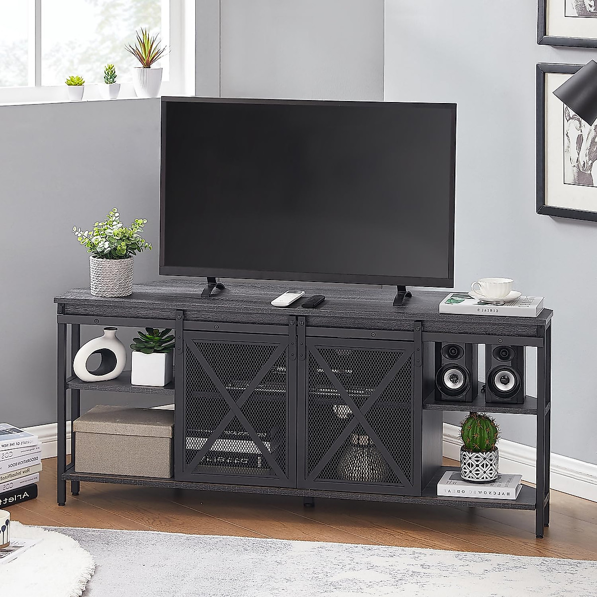 HOMISSUE Corner TV Stand for 55 Inch TV, Rustic Corner Entertainment Center with Storage, Industrial Media Console Table with Sliding Barn Door, Entertainment Center for Living Room, Grey