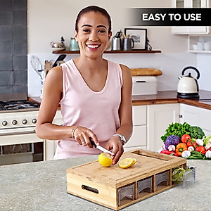 Bamboo Cutting Board With Containers - Meal prep station of 4 - Graters & 6 Bowl Lids, Trays, Splash - Multifunctional board by TOASTMARK
