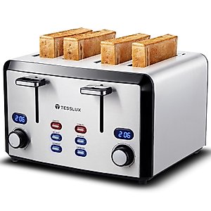 Tesslux 4 Slice Toaster, Wide Slot Bread Toaster with 6 Shade Settings, Stainless Steel Toaster with LCD Display, Removable Crumb Tray, Cancel/Defrost/Reheat Function, 1400W