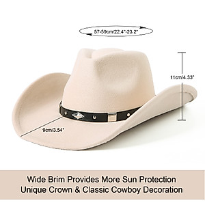 Lanzom Women Men Classic Felt Wide Brim Western Cowboy Cowgirl Hat with Belt Buckle(Medium,Beige)