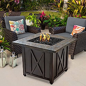 Endless Summer 30 Inch Square 30,000 BTU Liquid Propane Gas Outdoor Fire Pit Table w/Push Button Ignition, Black Fire Glass, & Steel Fire Bowl, Black