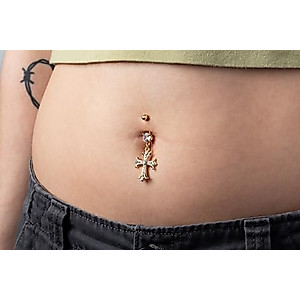 Pierced Owl 14G 316L Surgical Steel Celtic Cross with Paved Gems Dangling Belly Button Ring (Silver Tone)