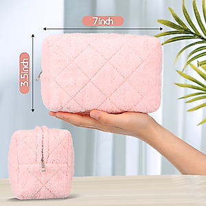 LEIFIDE 4 Pcs Quilted Makeup Bag Pouch Cute Plush Fuzzy Checkered Cosmetic Bag Cotton Terry Cloth Toiletry Pouch with Zipper Portable Travel Organizer Preppy Brush Storage for Christmas Women Gift