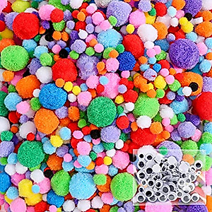 Caydo 1400PCS 5 Sizes Multicolor Pom Poms Assorted Pompoms Balls with 4 Sizes Wiggle Eyes for Kids Creative DIY, Crafts Projects Making and Valentine's Day Decorations