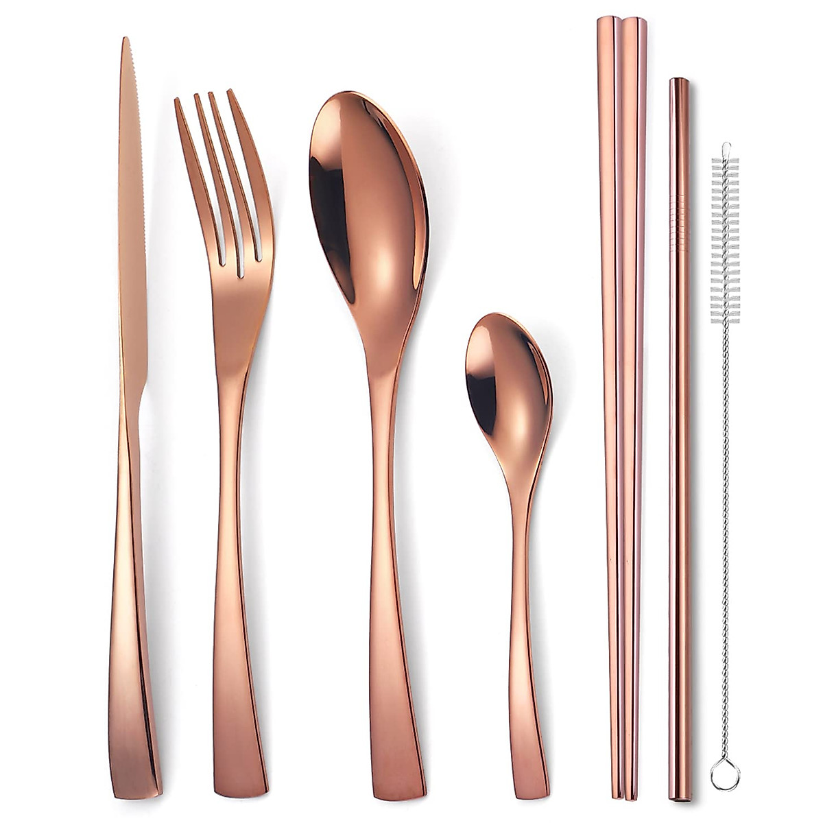 MURRI&MURRDI 7 Pieces Reusable Utensils Set with Case Portable Cutlery Set Stainless Steel Travel Utensils Including Knife Fork Spoon Chopsticks Straws Brush,Dishwasher Safe(7 Rose golden)