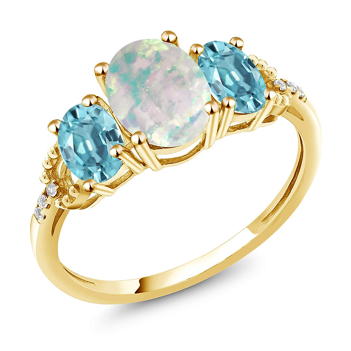 Gem Stone King 10K Yellow Gold Oval Cabochon White Simulated Opal and Blue Zircon Women Ring (2.34 Cttw) (Size 7)