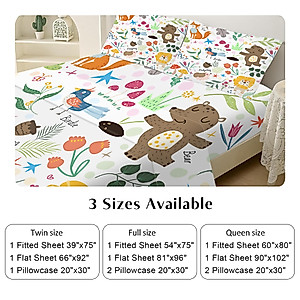 EDGZKO Sheet Set Cartoon Animals: Queen Size Cute Bed Sheets for Toddler Girls Boys Kids Deep Pocket Lovely Fox Bear Lion Flowers 4 Piece Bedding Sets 1 Flat Sheet & 1 Fitted Sheet & 2 Pillowcases