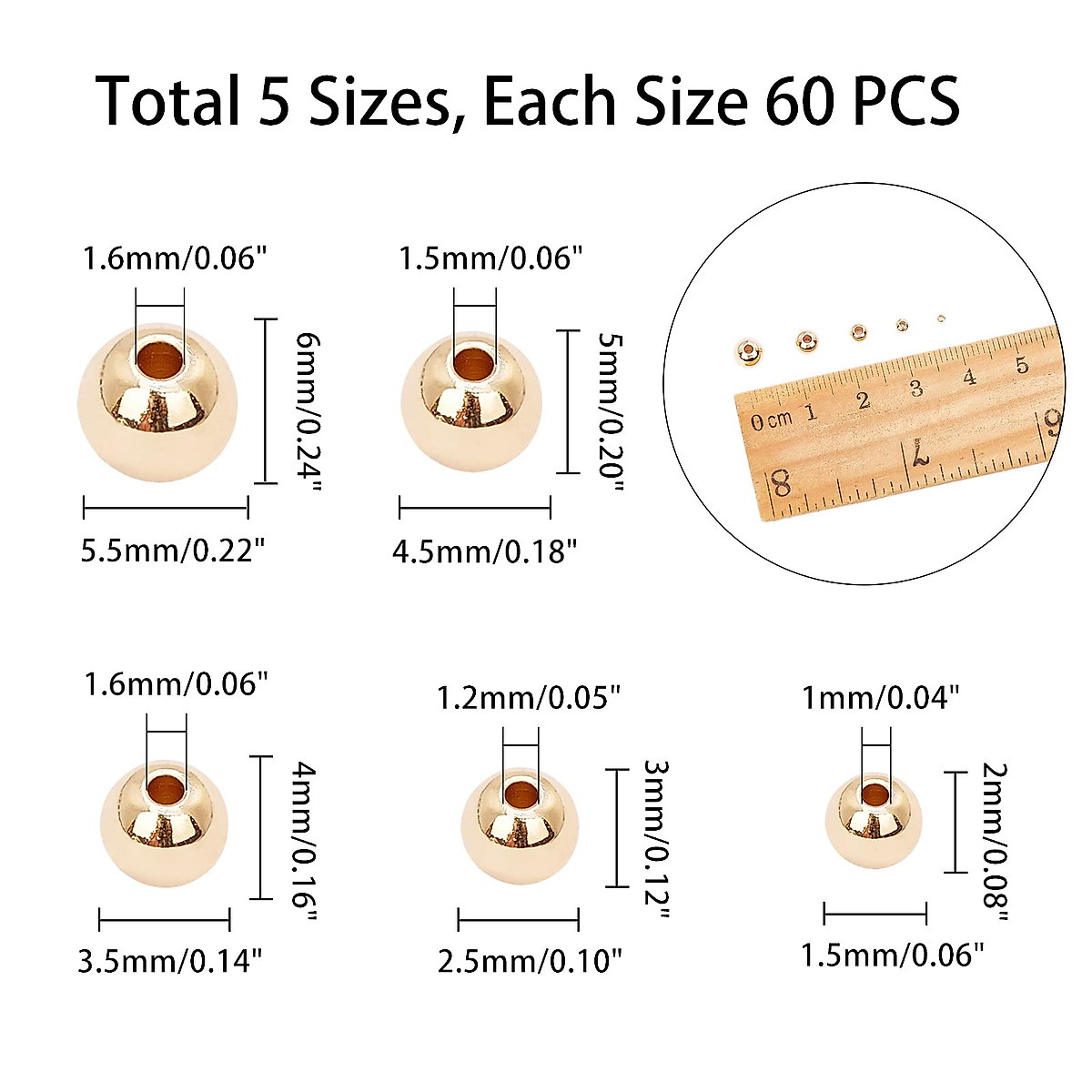 PH PandaHall 14K Gold Spacer Beads, 300pcs Round Brass Beads 5 Size Metal Smooth Beads Seamless Ball Beads Long-Lasting Little Beads for Summer Bracelet Necklace Jewelry DIY Crafts(2/3/4/5/6mm)