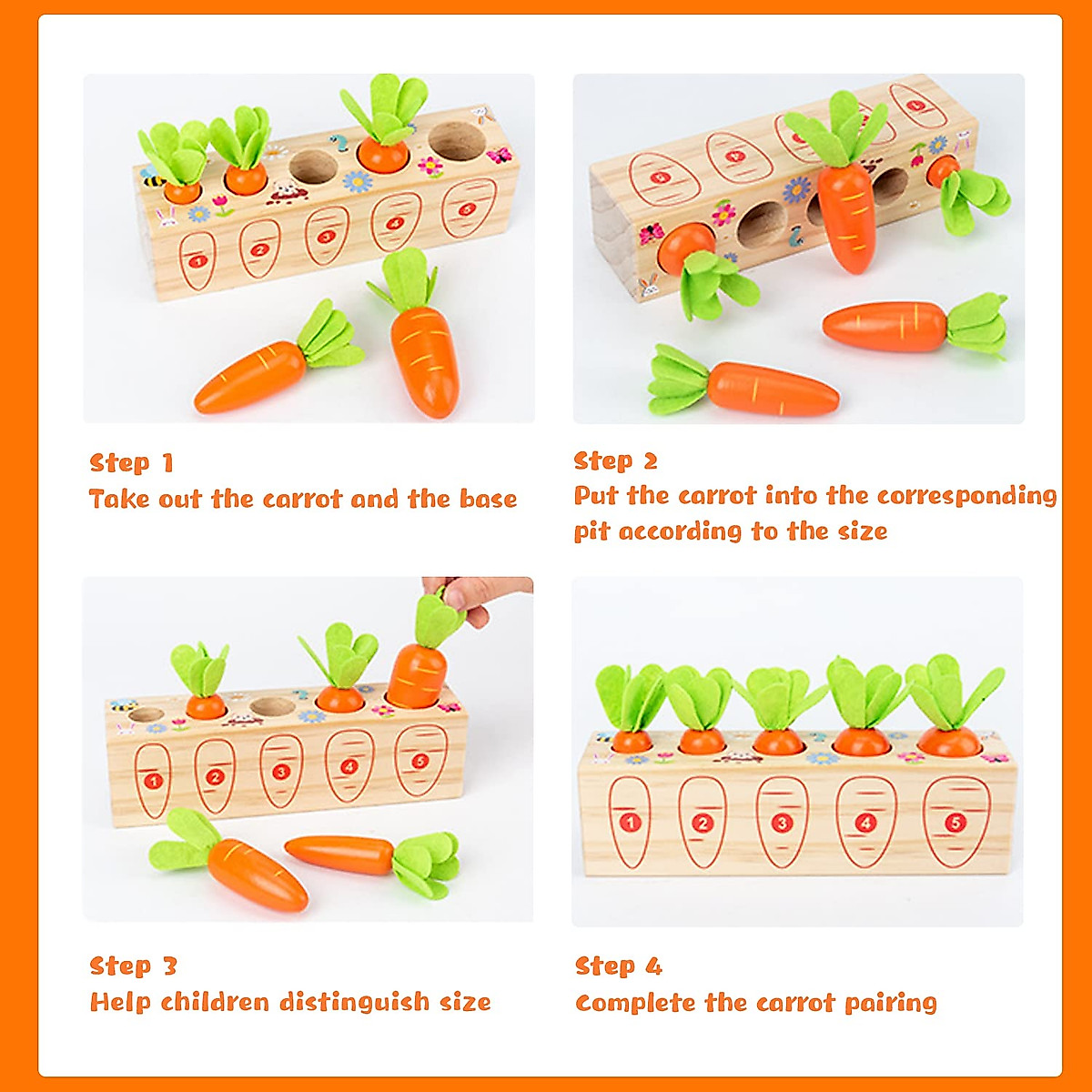 Xylolin Montessori Toys for Toddlers 1-3, Carrots Shapes Sorting and Matching Game Wooden Toys, Fine Motor Skill Early Learning Preschool Educational Toys Gifts for 1 2 3 Year Old Boys Girls