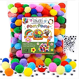 Caydo [400 pcs] - 300 Pieces 1 Inch Assorted Pompoms with 100pieces Wiggle Eyes Multicolor Arts and Crafts Pom Poms Balls for Kids DIY Art Creative Crafts Decorations