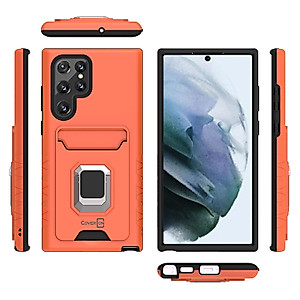 CoverON Designed for Samsung Galaxy S22 Ultra Case, Card Slot KickStand Ring Rugged Phone Cover - Orange