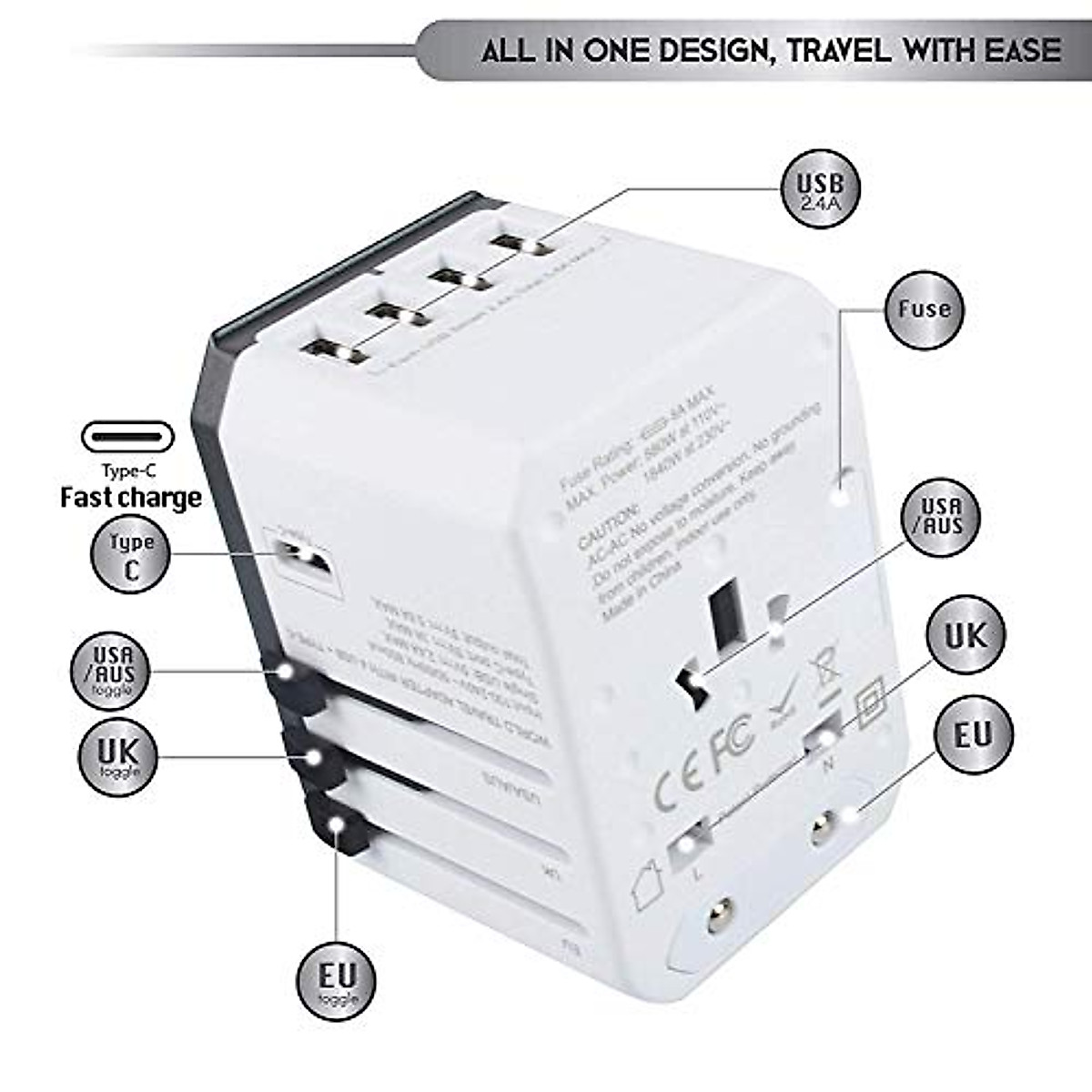 Raxxio Universal Travel Adapter, International Smart Power Plug with 2.4A 4 USB Ports Adapter, Converter for US, Canada, UK, Europe, AU, Asia (Type C USB White)