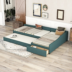 CITYLIGHT Upholstered L-Shaped 2 Twin Beds with Trundle and Storage Drawer, Wood Linen Corner Bed for Kids Girls Boys Teens Bedroom, Green