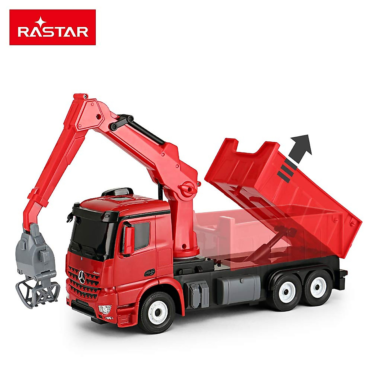 RASTAR RC Logging Truck Toys 1:24 Scale Mercedes-Benz Arocs Remote Control Dump Truck RC Construction Vehicles with Lights/Crane Arm 2.4GHz, RC Truck for Boys Kids Adults