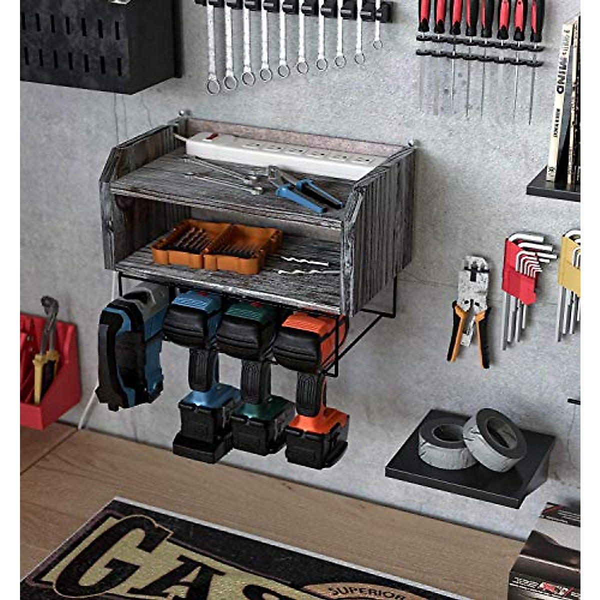 J JACKCUBE DESIGN Power Tool Organizer and Storage, Drill Holder Wall Mount Charging Station Garage Storage Cabinets - MK681A (Rustic Wood)