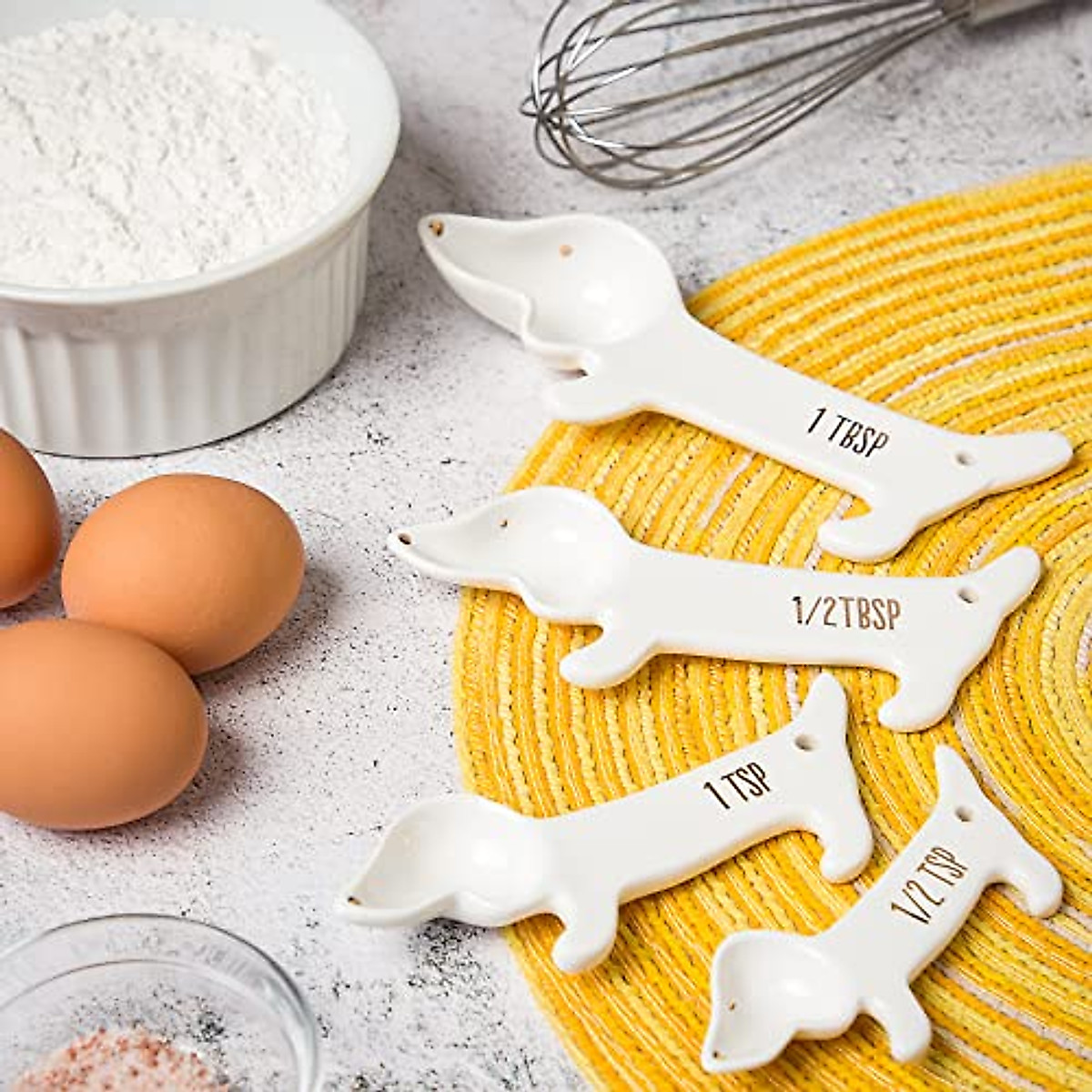 White Ceramic Dog Themed Kitchen Utensils: Measuring Cups and Spoons, Spoon Rest for Countertop - Cute Kitchen Accessories (Dog Measuring Spoons)