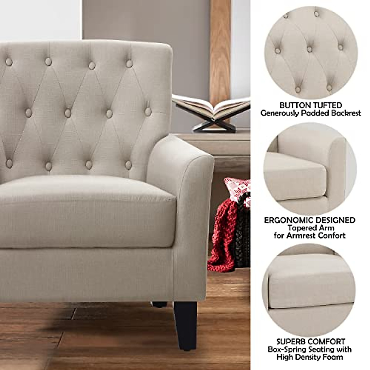 Rosevera Brayle Rosevara Furniture Reading Small Arm Living Room Comfy Accent Bedroom Chairs, Office, Standard, Arm Rest|Tufted Back|High Quantity Padded Seat, Polyester, Warm Beige