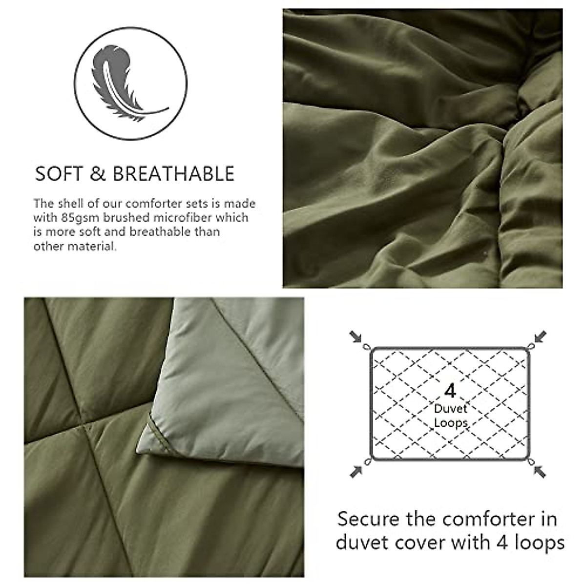 NexHome Queen Comforter Set - Olive Green Comforter Queen Size Bedding Set - Soft Reversible Down Alternative Full Size Comforter Bed Set 3 Pieces 1 Comforter (88"x88") + 2 Pillow Shams (20"x26")