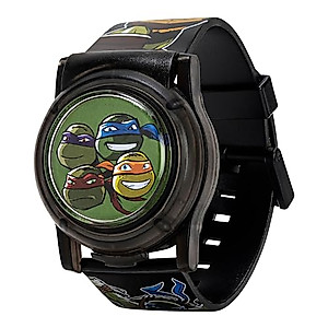 Nickelodeon Accutime Ninja Turtles Kids' Digital Watch with Pop Open Top/Casing, Flashing LED Lights, Black Strap - Official TMNT Characters on The Top, Safe for Children - Model: TMN4205