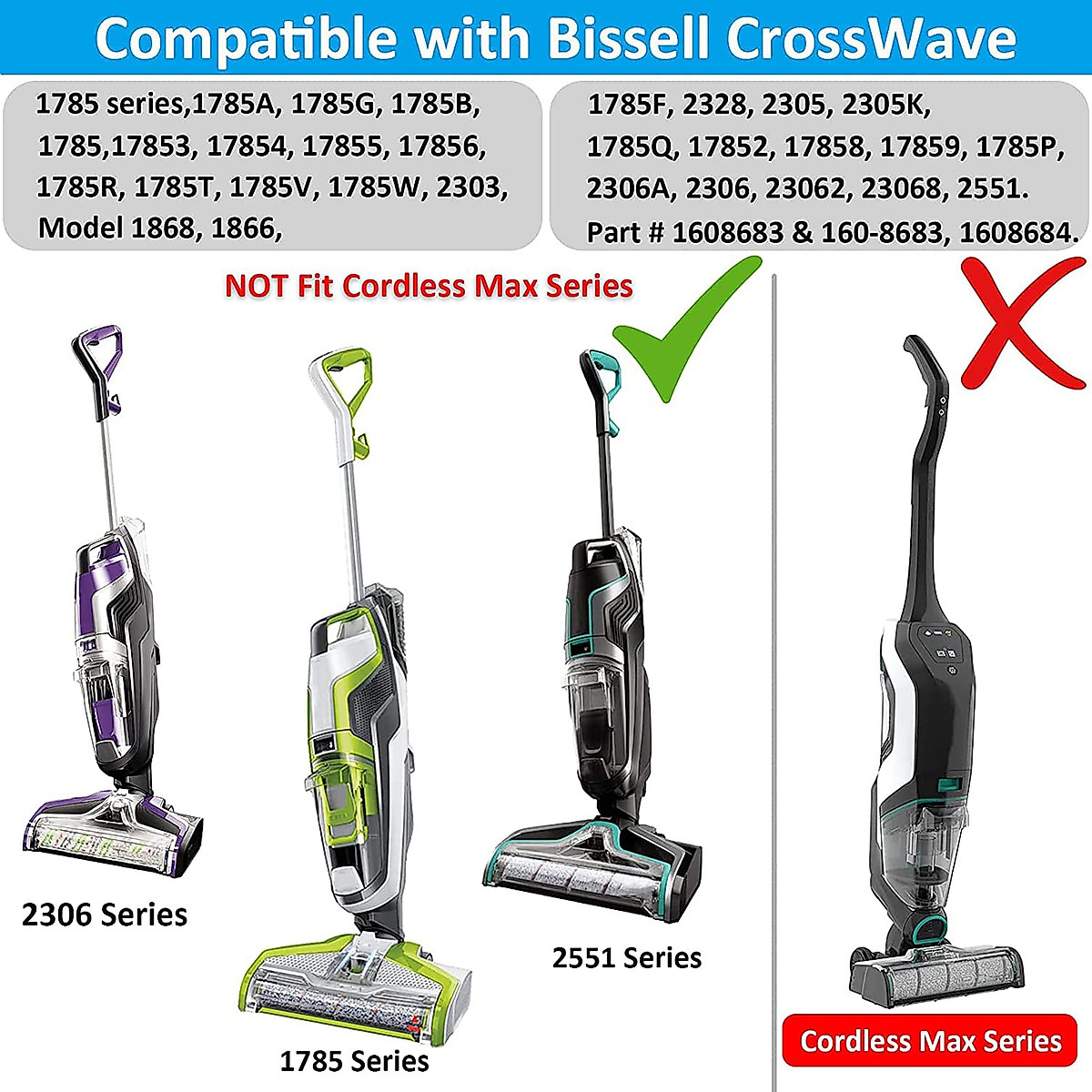 for Bissell CrossWave Pet Pro 2306A CrossWave 1785 Series Replacement Parts 1 Pack 2460+1 Pack 1868 Multi-Surface Pet Pro Cleaner Brush Rolls Tangle-Free+4 Pack 1866 Vacuum Filter Part 1613568 1608684