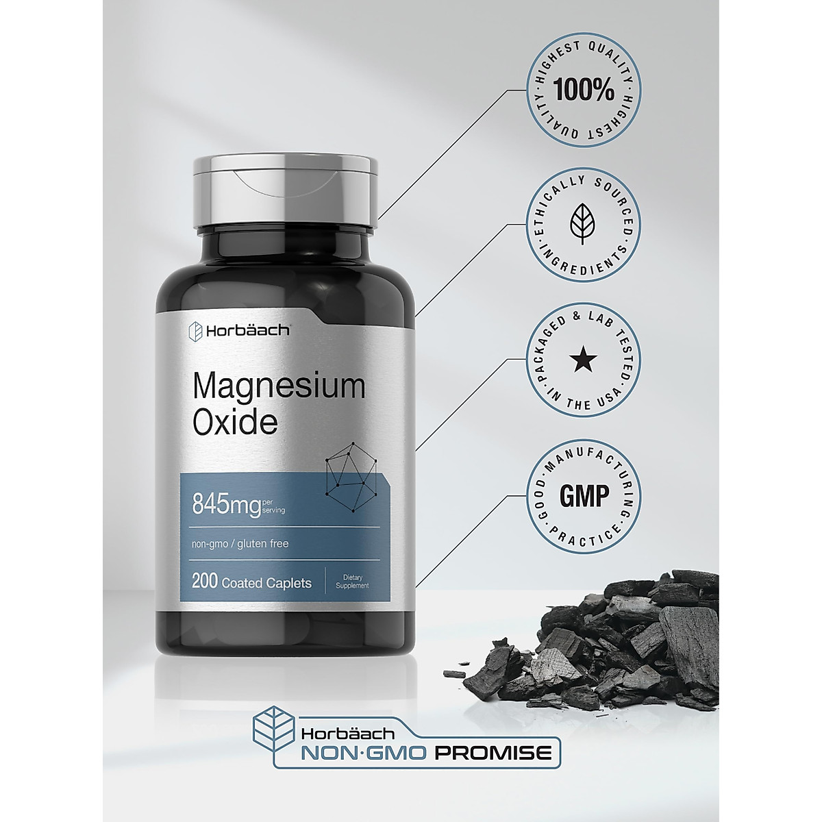 Horbäach Magnesium Oxide | 845 mg | 200 Coated Caplets | Vegetarian, Non-GMO, and Gluten Free Supplement