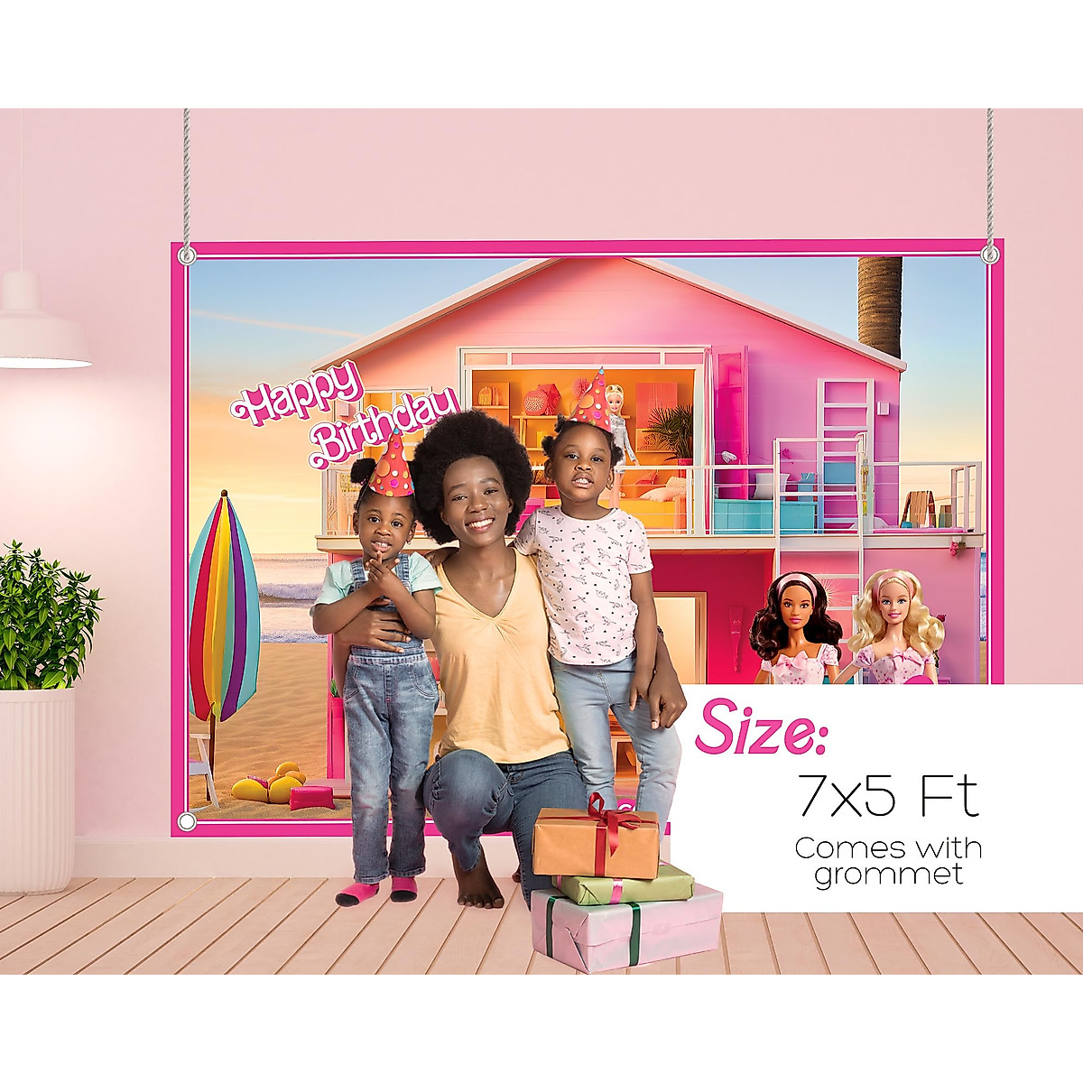 Pink Doll Girl Backdrop7x5 for Birthday Party - Textile Fabric with Grommet Themed Banner for Movie Photo Booth Props Photography Photoshoot Background Decorations Room Decor Supplies