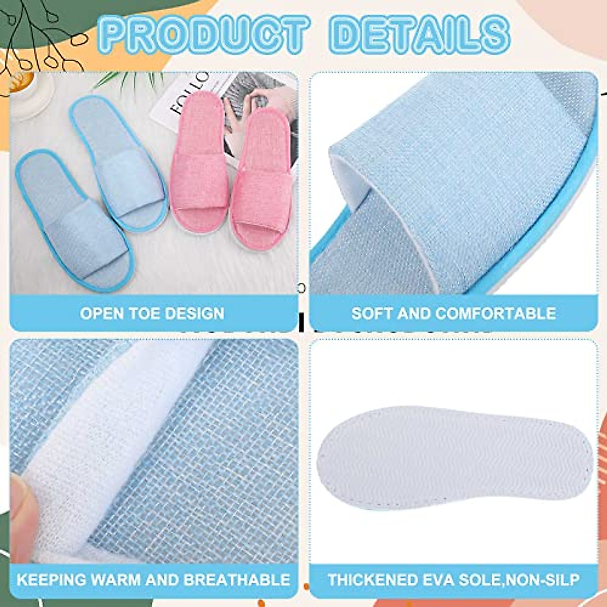 10 Pairs Washable House Slippers for Guests Open Toe Spa Slippers Women Men Soft Disposable Slippers Cotton Linen Hotel Slippers Bulk Non Slip Breathable for Indoor Travel Bedroom Party (Pink, Blue)