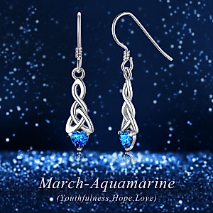 ChicSilver 925 Sterling Silver Irish Celtic Earrings Hypoallergenic Ocean Blue Aquamarine Topaz March Birthstone Gem Stone Heart Dangle Drop Earrings Celtic Knot Jewelry