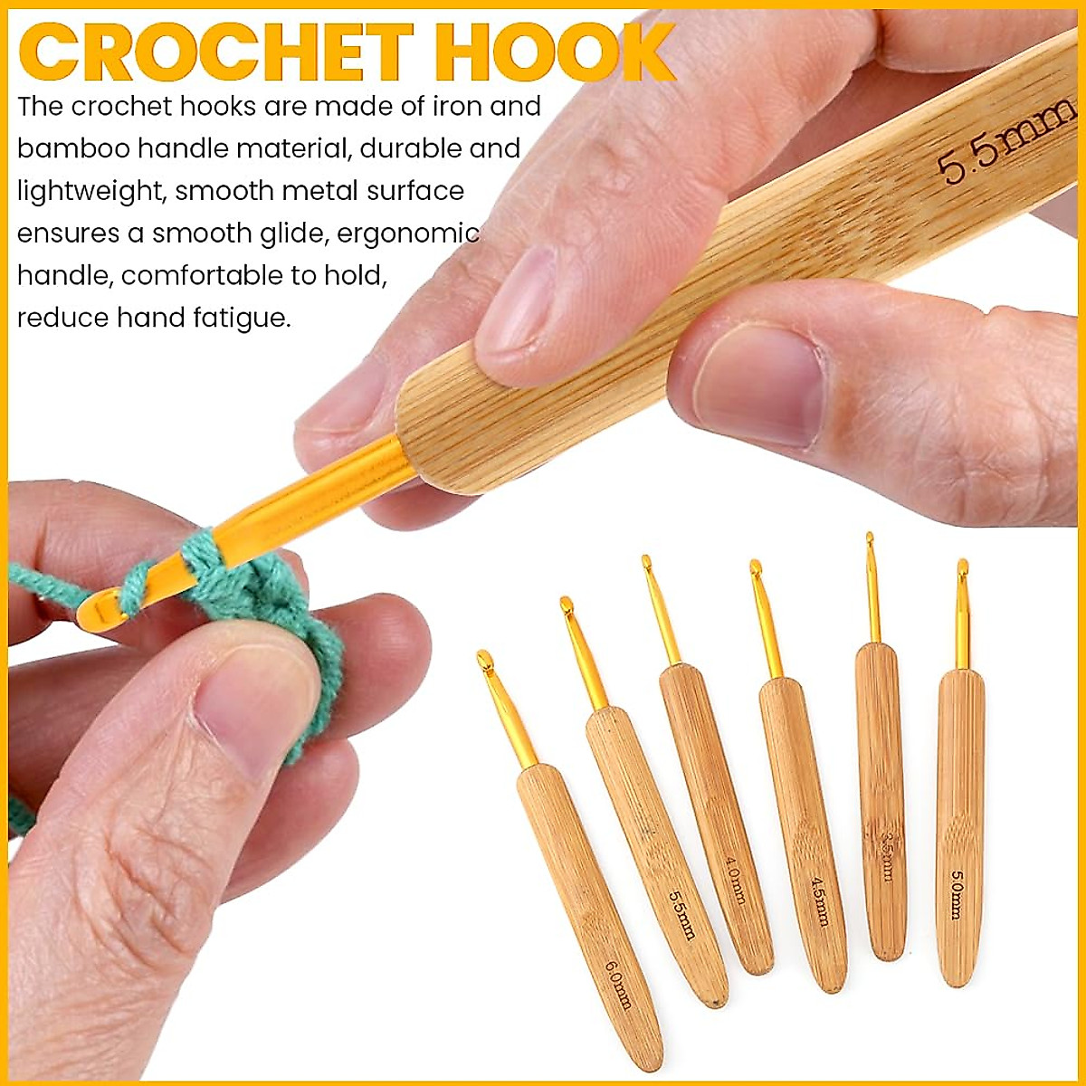 Wooden Yarn Bowl with 6pcs Metal Crochet Hooks and 50pcs Crochet Stitch Markers, Knitting Yarn Bowl with Holes Storage, Handmade Yarn Storage Bowl for DIY Knitting Crocheting Accessories