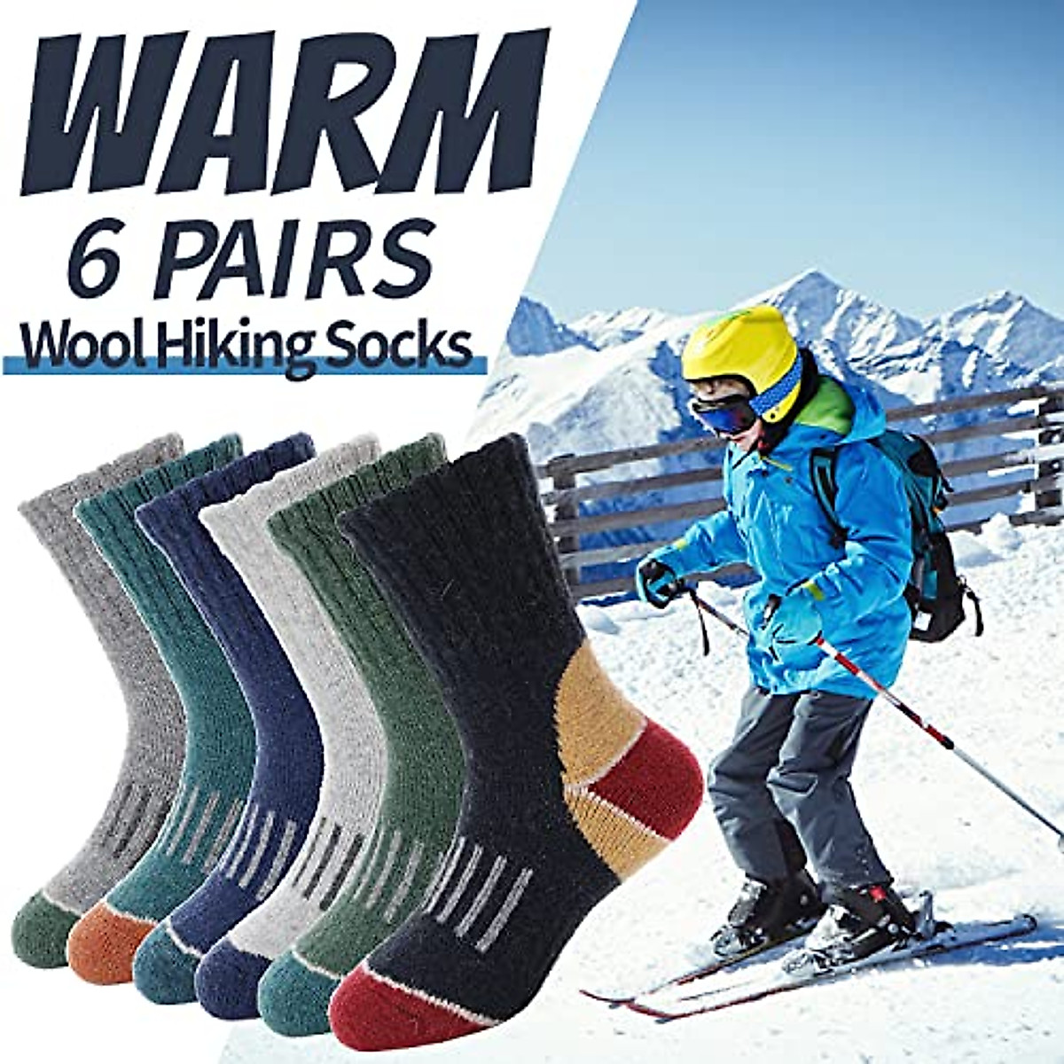 Kids Merino Wool Hiking Socks Boys Toddlers Girls Winter Thermal Thick Warm Boot Cushion Ski Snow Gift Socks Stocking Stuffers 6 Pairs (Color matching, 8-12 Y)