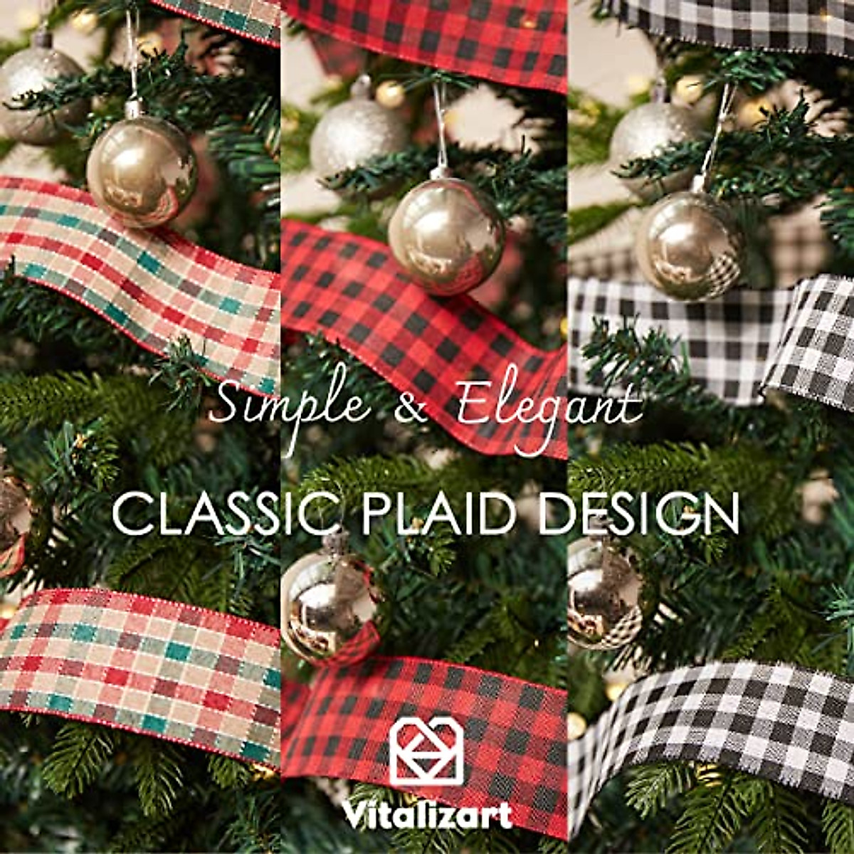 Vitalizart Buffalo Plaid Ribbon Set 2.5" x 30Yd Wired Gingham Ribbon for Christmas Tree Home Decoration Wreath Handmade Crafts Gift Wrapping Bow Making (Black White Red Green)