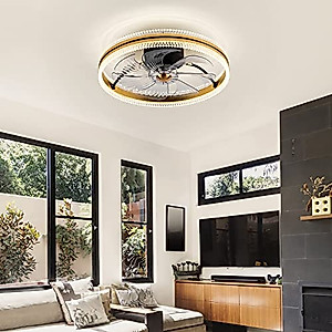 EKIZNSN Low Profile Flush Mount Ceiling Fan for Bedroom, 20'' Bladeless Ceiling Fans with Lights, Gold