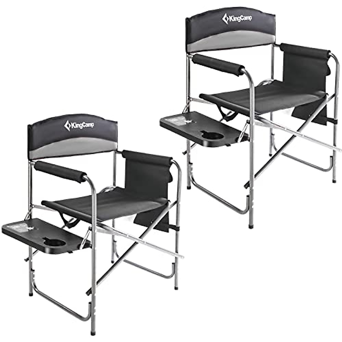 KingCamp Camping Chairs 2 Pack with Side Table Cup Holder, Outdoor Portable Folding Directors Style for Beach Trip Lawn Picnic Patio Backyard Festival Hiking Sports Event, One Size, Black/Medium Grey