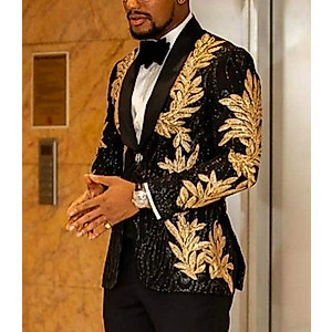 Lovee Tux 2 Pieces Men's Shiny Sequins Gold Applique Suits Prom Tuxedos Grooms Jacket Wedding Party Suits (Blazer+Pants)(34,Black)