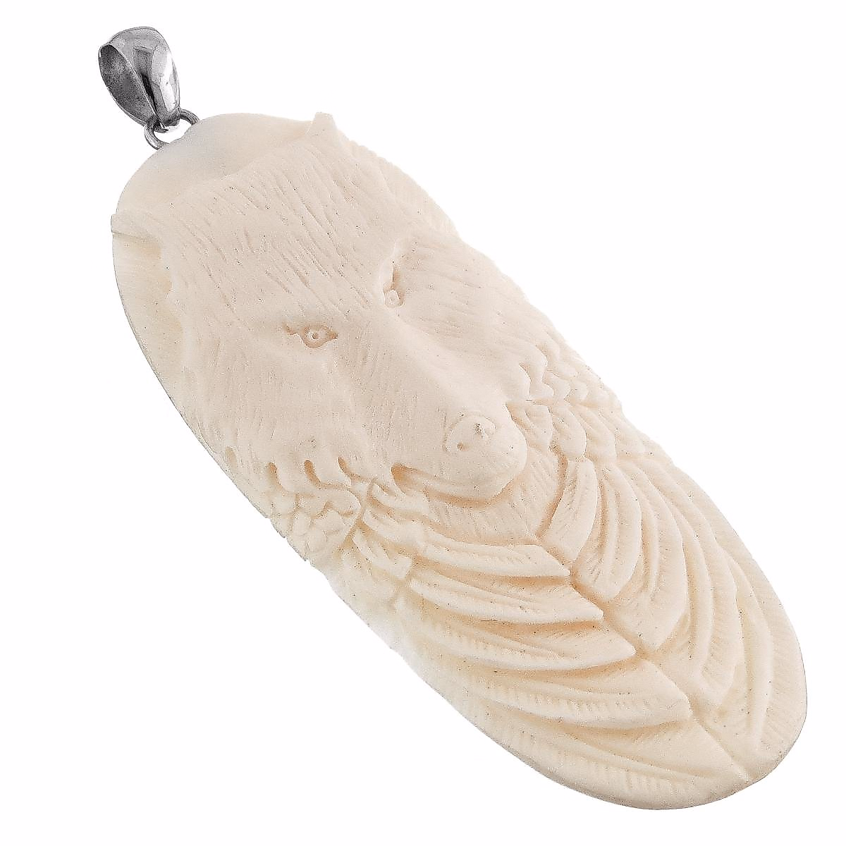 FifiRose Wolf Hand Carving Buffalo Bone 925 Sterling Silver Pendant, 3"