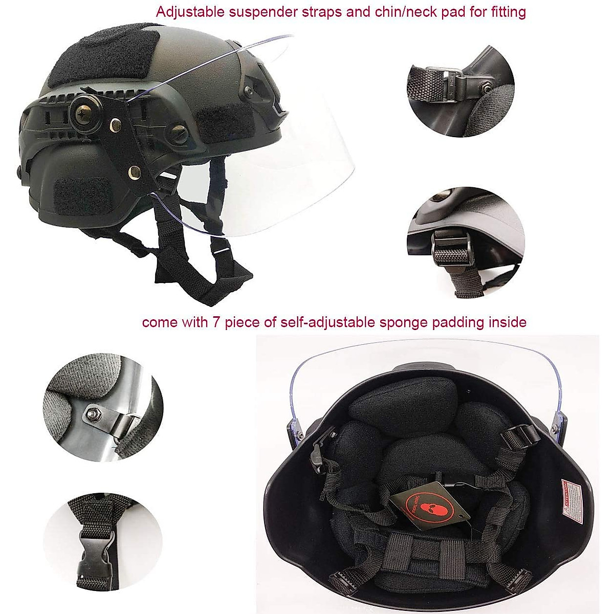 Hunting Explorer Airsoft MICH 2000 ACH Tactical Helmet with Clear Visor NVG Mount and Side Rail, Black, 11.81 x 11.34 x 7.09inch