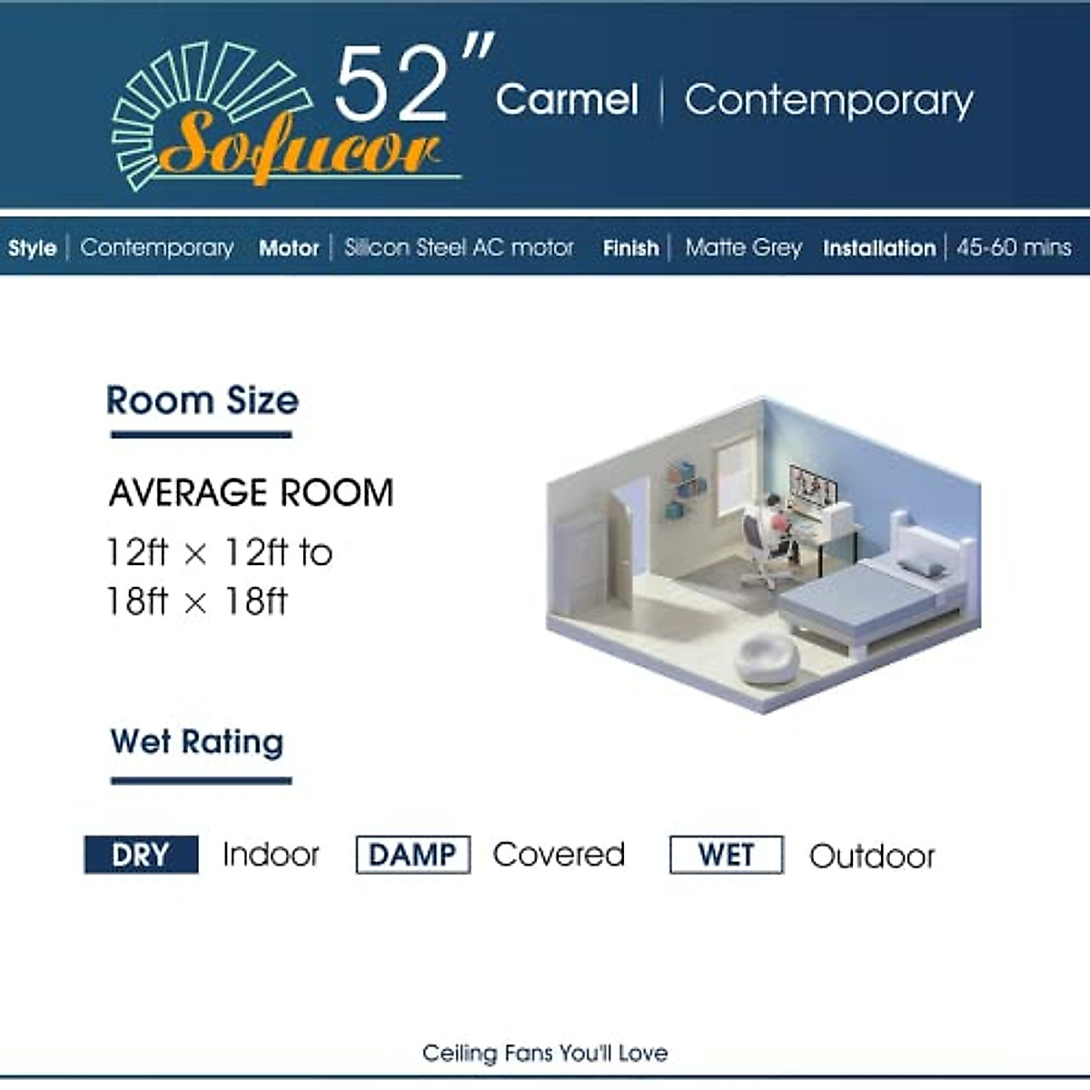 Sofucor 52" Retro Style Ceiling Fan with Light Memory Function, 6 Speeds, Solid Wood Ceiling Fan for Bedroom, Rustic, Farmhouse, Study, Living Room, Porch, Patio