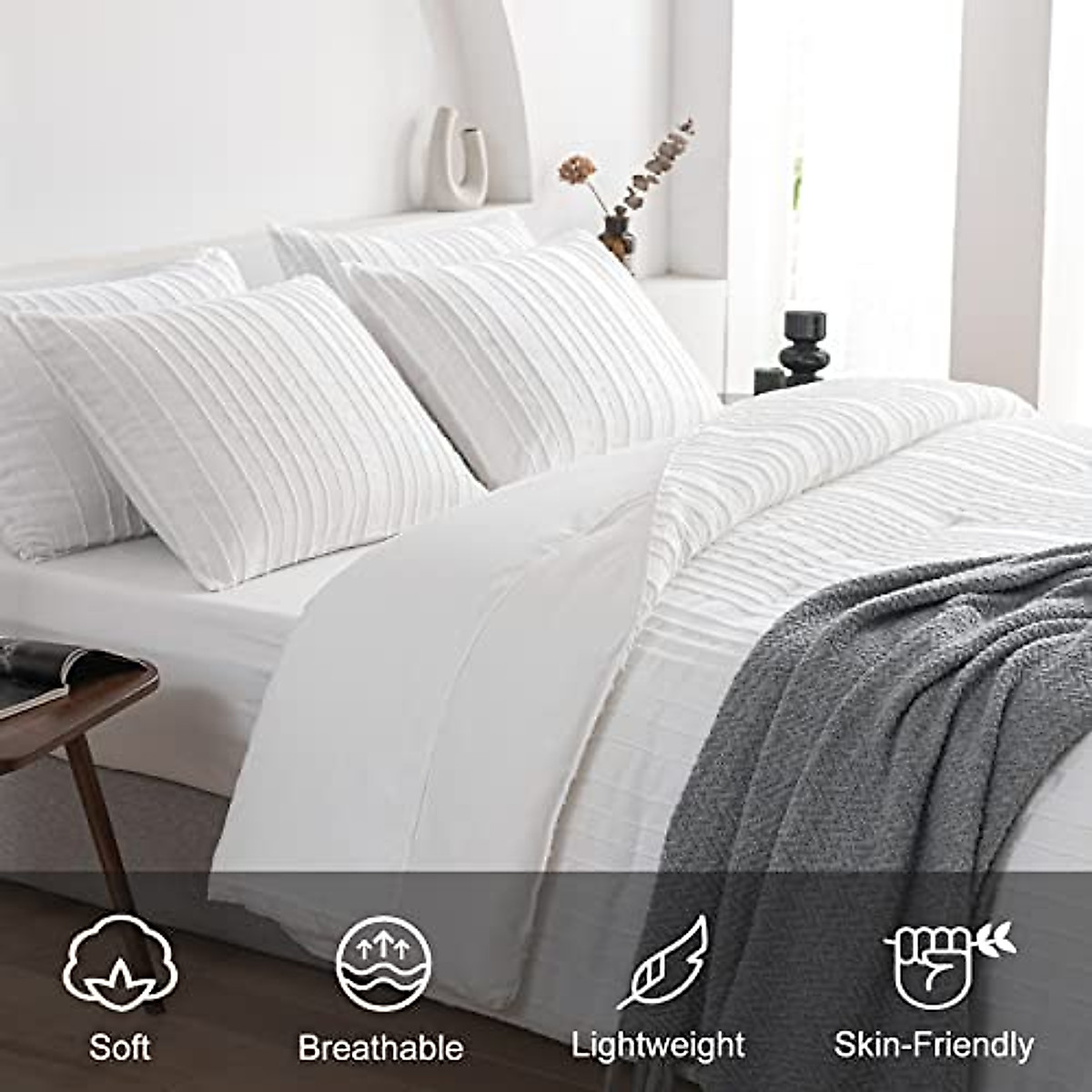 WARMDERN White Comforter Set King Size Soft Bedding Sets Boho Striped Pattern Lightweight Comforter for All Season Down Alternative Bed in A Bag 7 Piece(King, White)