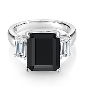 Gem Stone King 925 Sterling Silver Black Onyx and White Moissanite 3 Stone Women Ring (6.91 Cttw, Gemstone Birthstone, Available In Size 5, 6, 7, 8, 9)