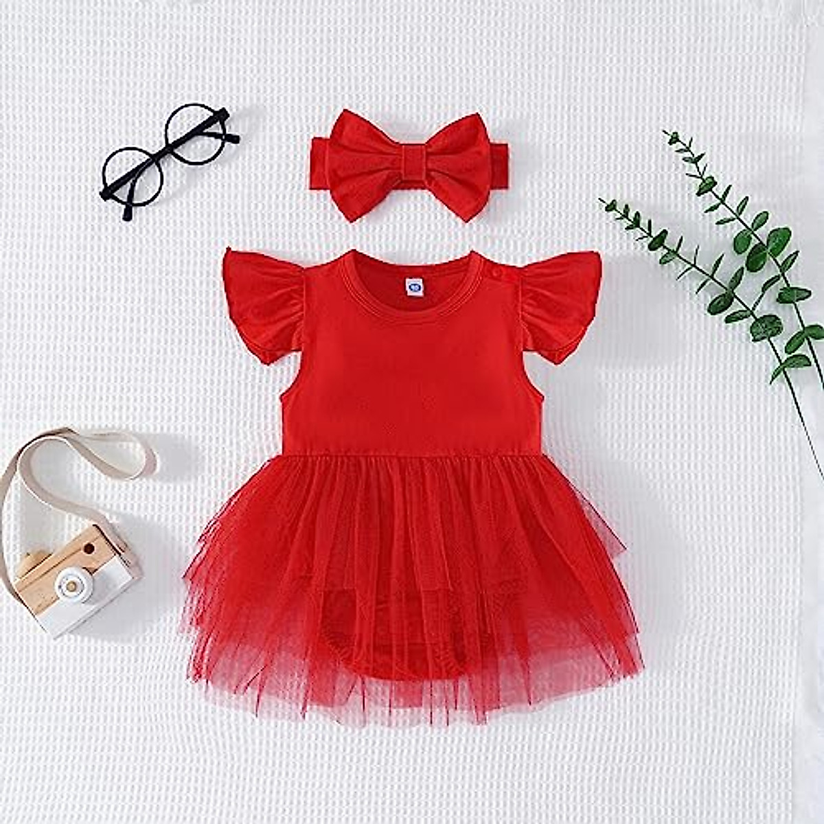 Infant Girl Tutu Dress Baby Girl Ruffle Romper Dress Toddler Girl Solid Color Skirts with Headband Summer Clothes (Red, 6-12 Months)