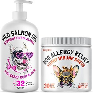 Allergy Relief Chews for Dogs & Immune & Digestive Supplement 30 Soft Treats and Wild Alaskan Salmon Oil for Dogs & Cats 32 oz